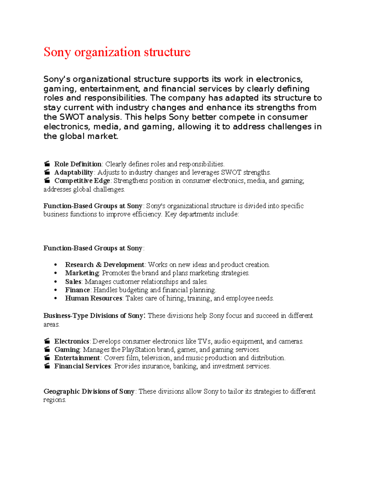 IB-Sony: Analyzing the Organizational Structure and Strategies - Studocu