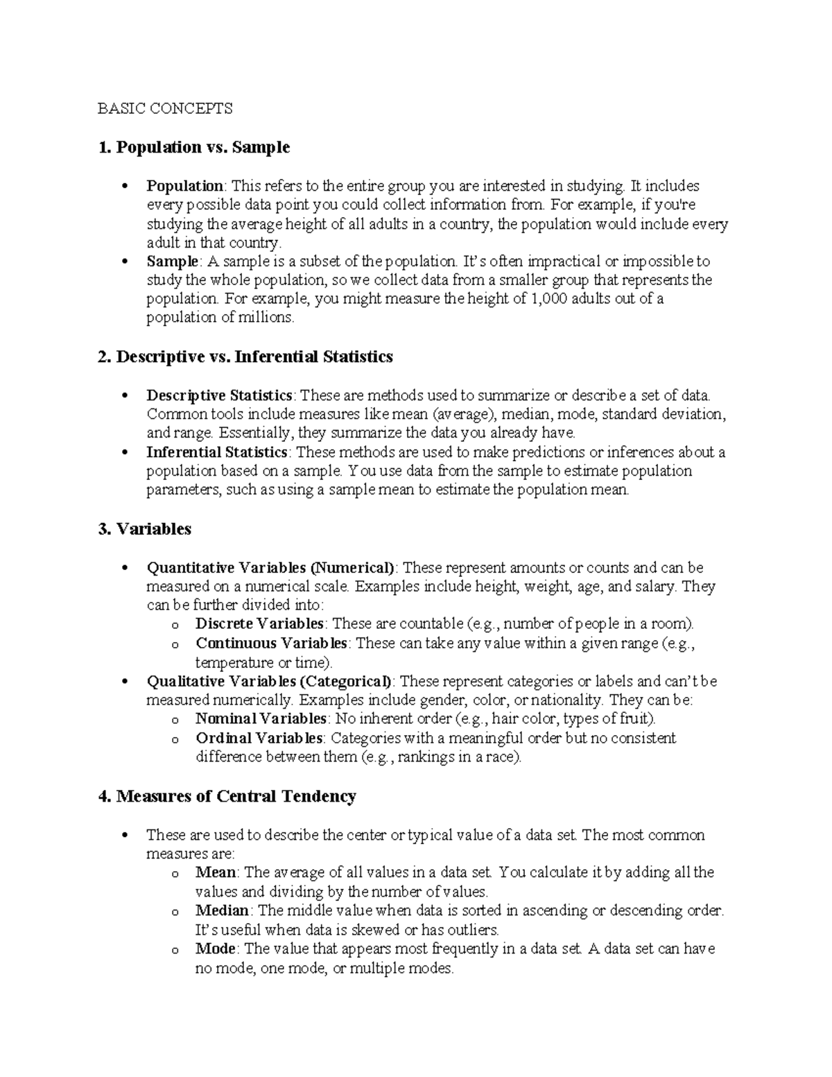 BASIC CONCEPTS IN STATISTICS: POPULATION, SAMPLE, AND ANALYSIS (STAT101 ...