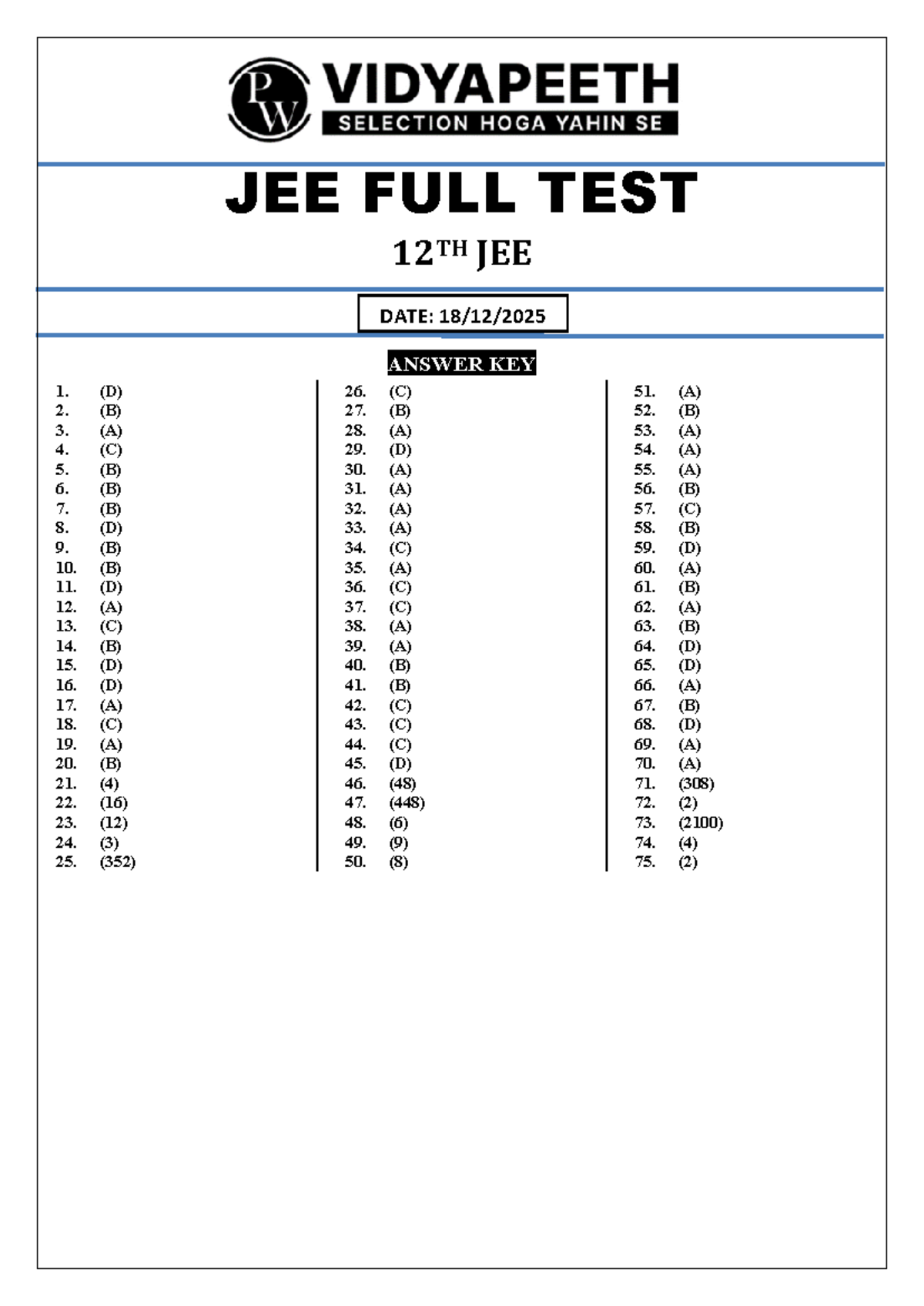 JEE Full Test Answer Key - 18 Feb 2025 - Studocu