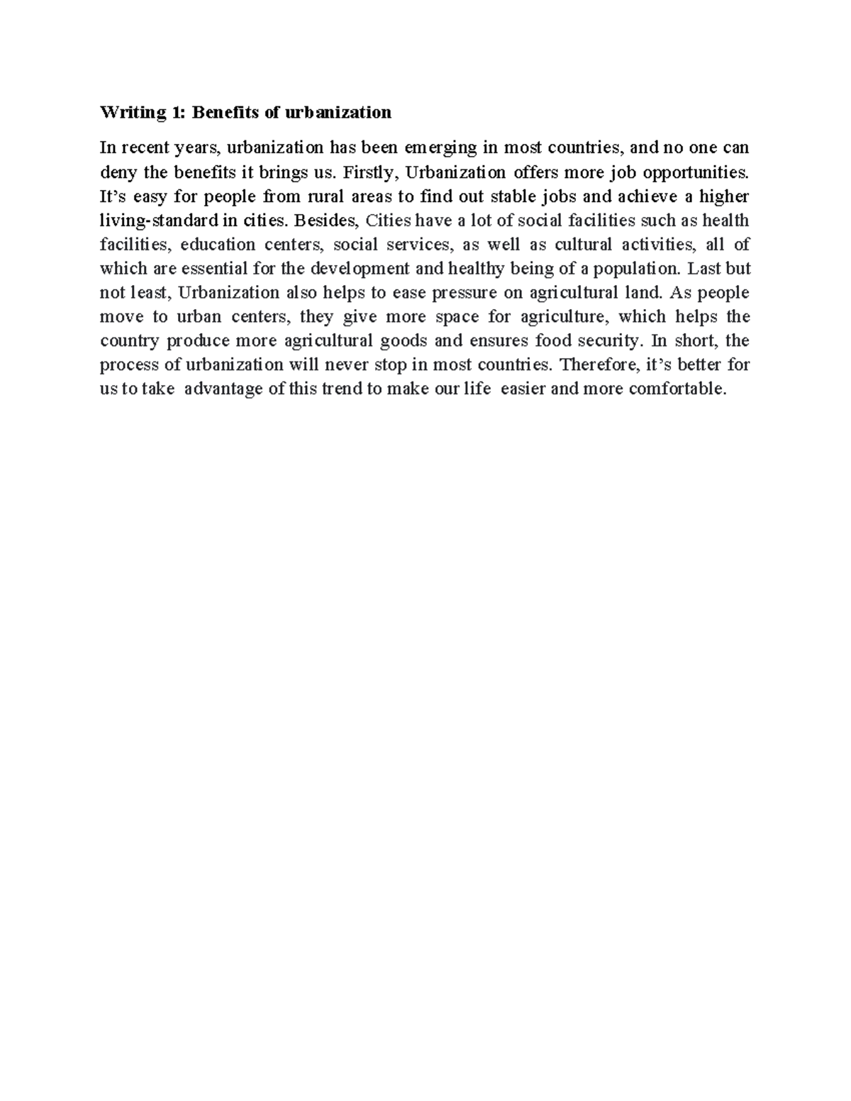 Writing 1: Advantages of Urbanization and Its Impact - Studocu
