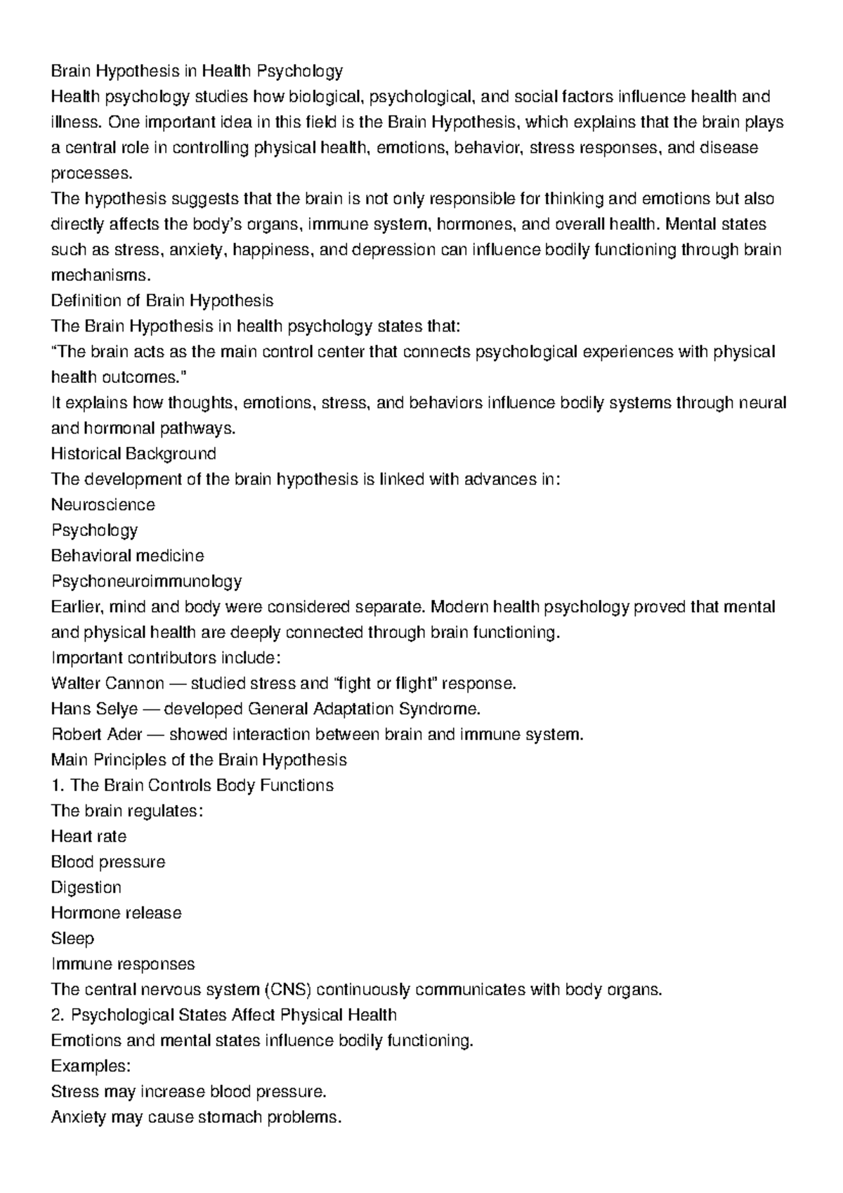 Brain Hypothesis in Health Psychology: Understanding Mind-Body ...