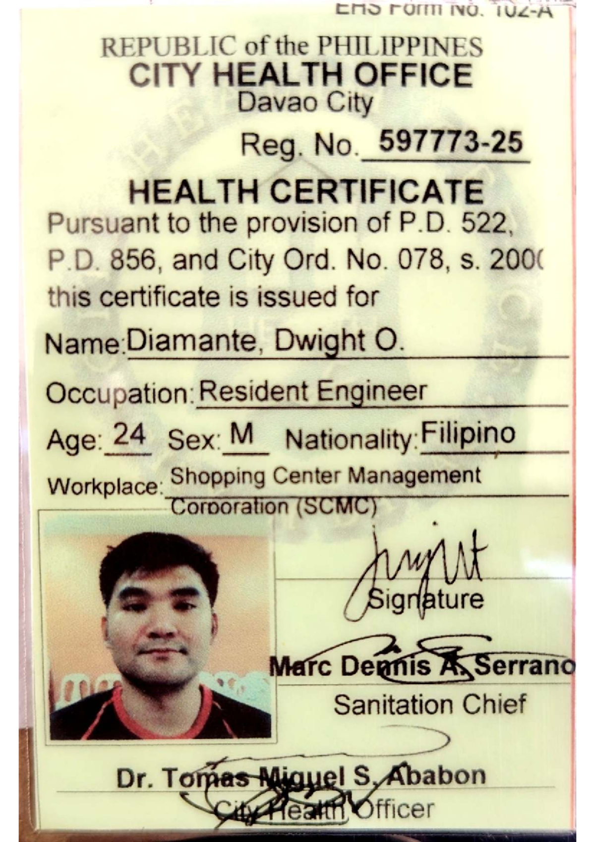 Health Certificate for Dwight O. Diamante - Davao City EMS Form - Studocu
