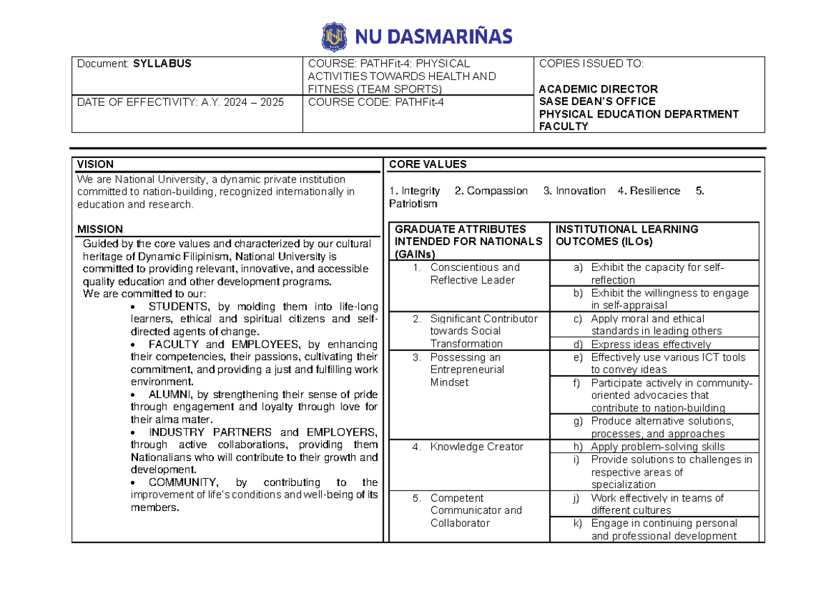 Pathfit 4 Syllabus: Team Sports Course Overview and Requirements - Studocu