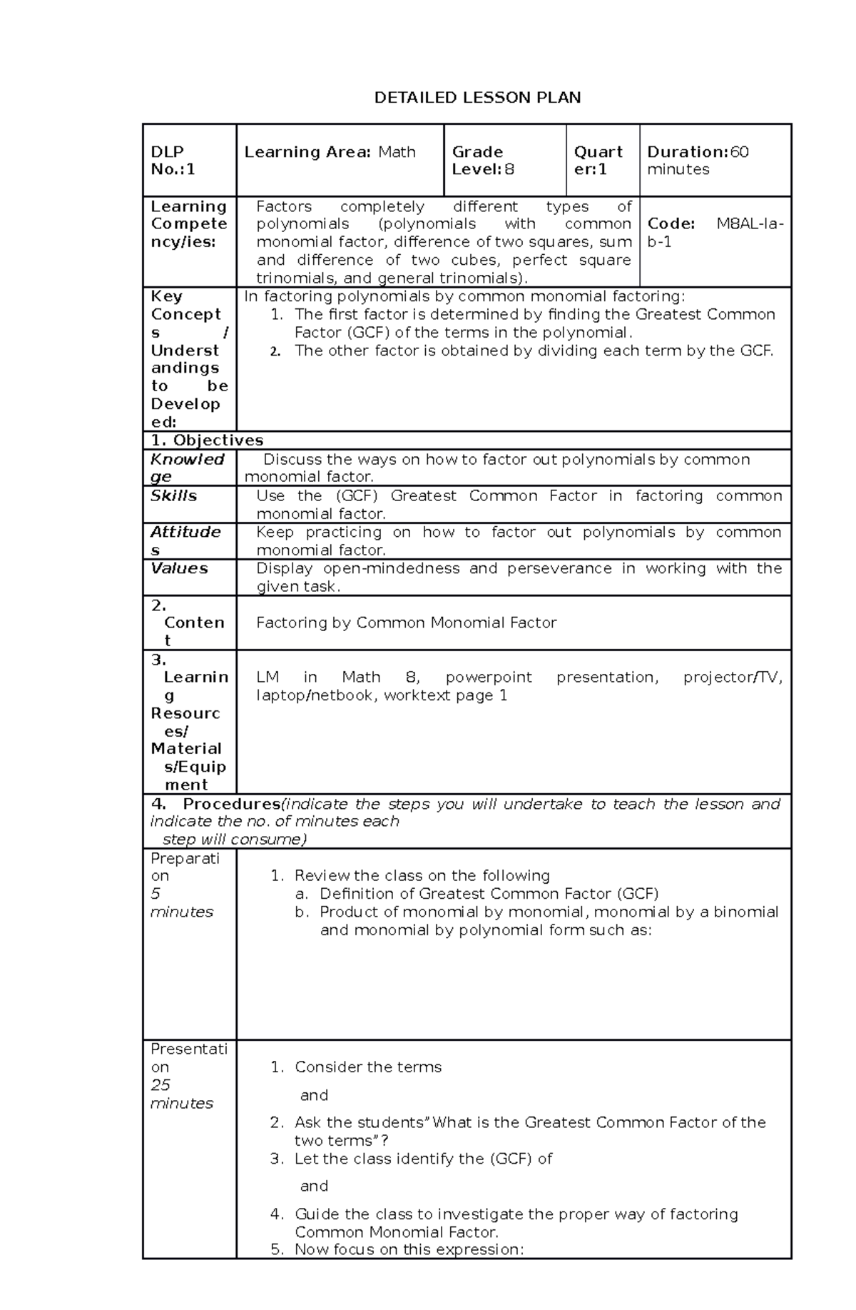 M8 - Detailed Lesson Plan for Factoring Polynomials in Grade 8 - Studocu