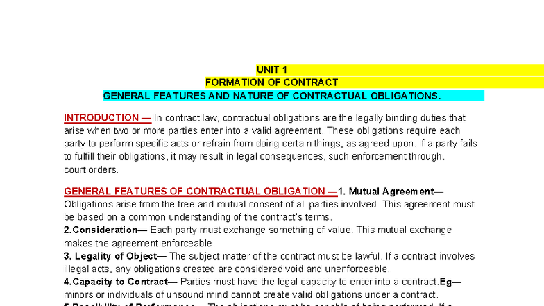 UNIT 1: FORMATION OF CONTRACT - GENERAL FEATURES & NATURE OF ...