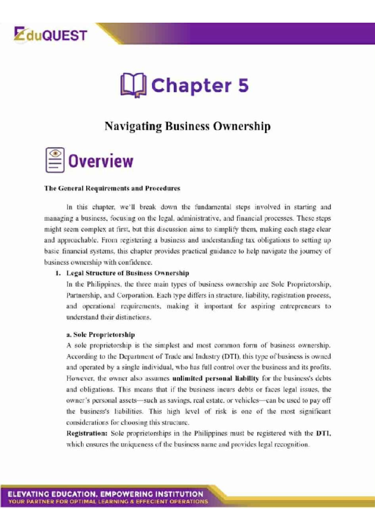 duQUEST Chapter 5: Overview of Business Ownership Essentials - Studocu