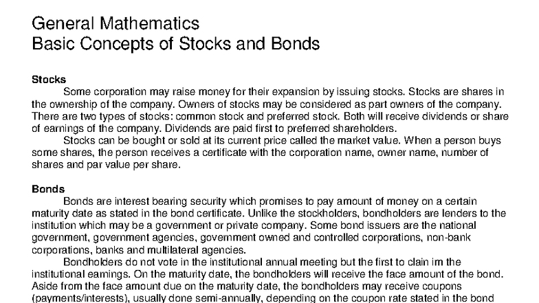 Stocks and Bonds Overview: Key Concepts and Definitions - Studocu
