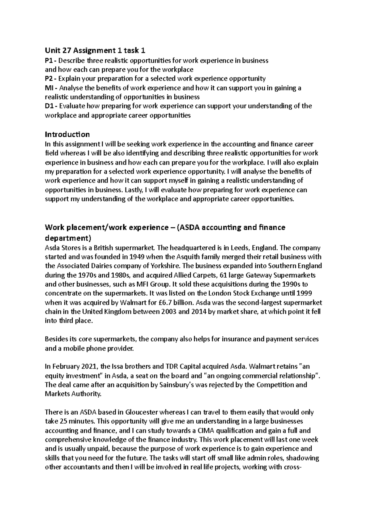 Unit 27 Assgn 1: Work Experience Opportunities in Business - Studocu