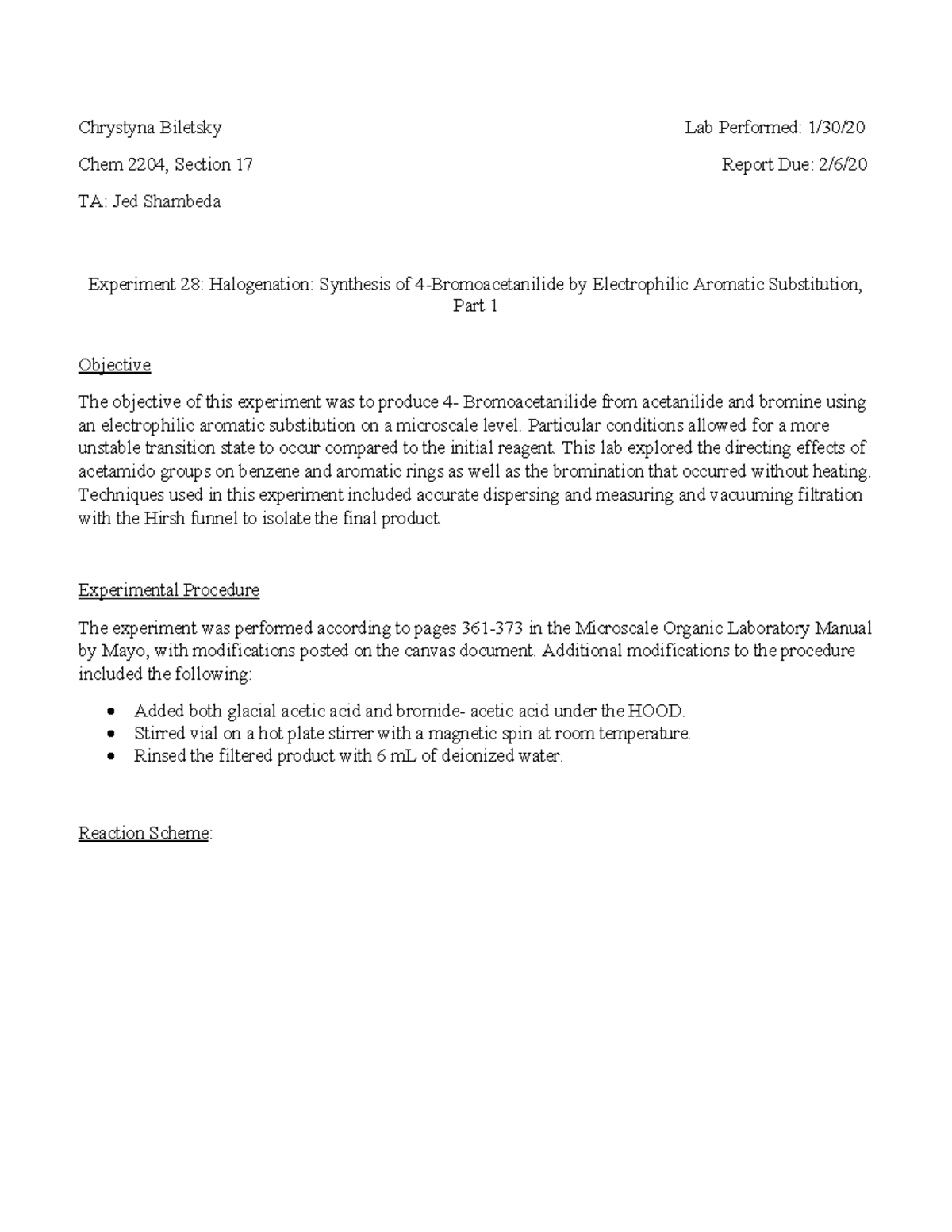 Chem 2204 Experiment 28: Synthesis of 4-Bromoacetanilide, Part 1 - Studocu