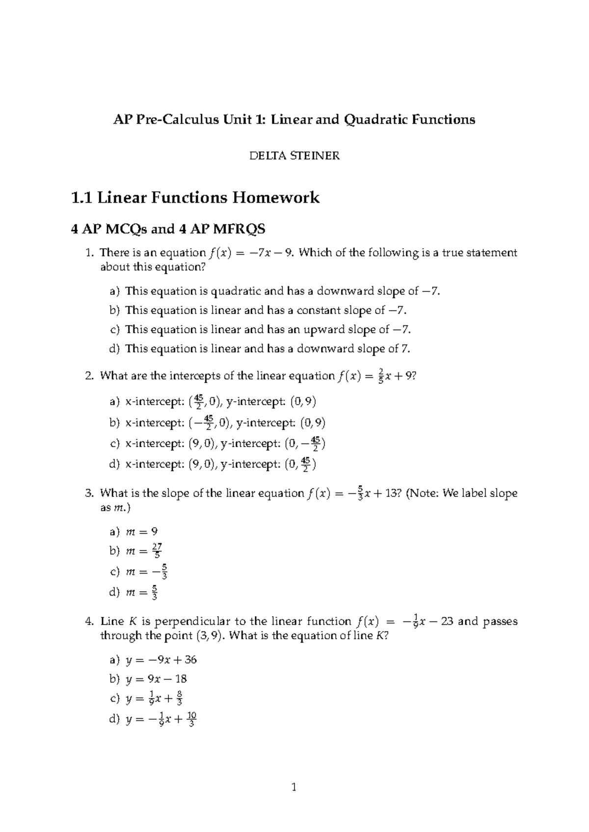 AP Calculus: Unit 1 Linear & Quadratic Functions Homework - Studocu