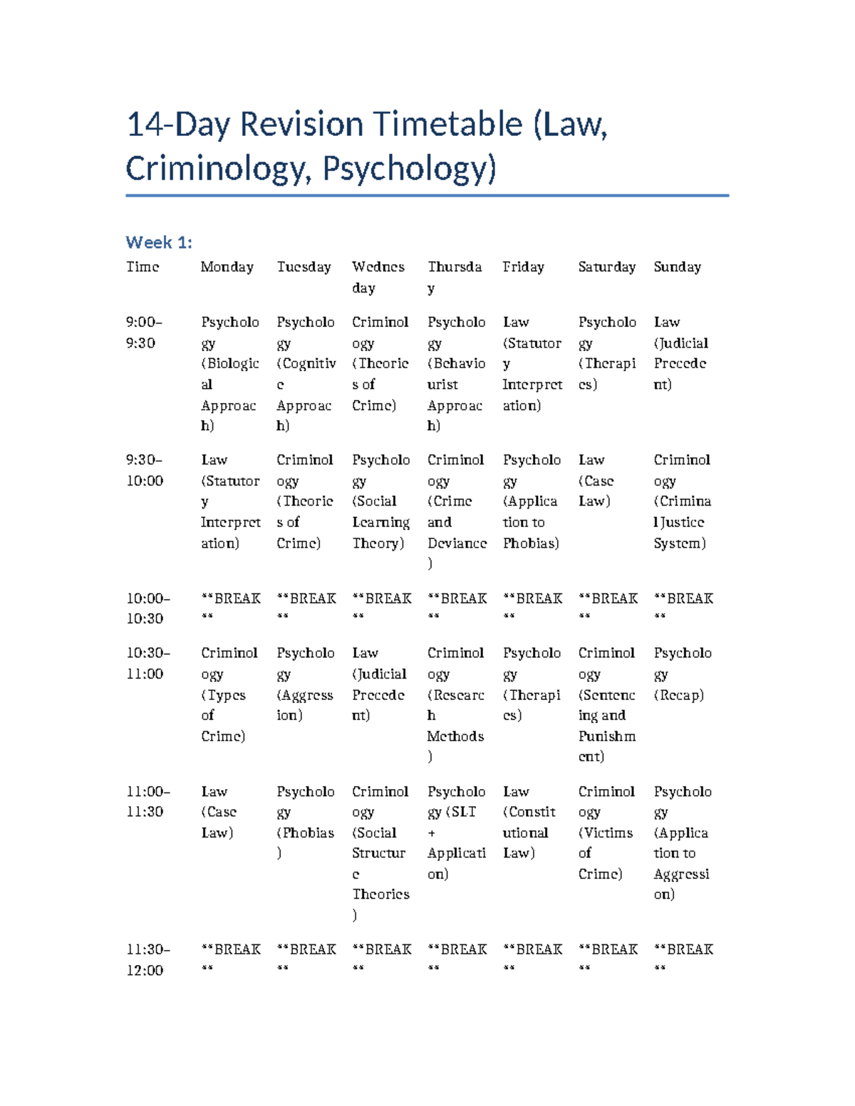 14-Day Revision Timetable for Law, Criminology & Psychology - Studocu