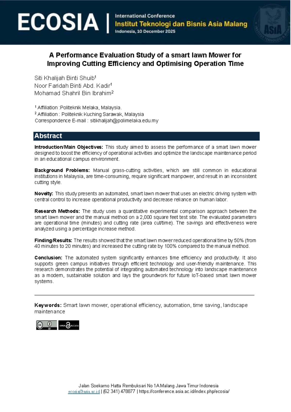 Performance Evaluation of Smart Lawn Mower for Efficiency (ECOSIA 2025 ...