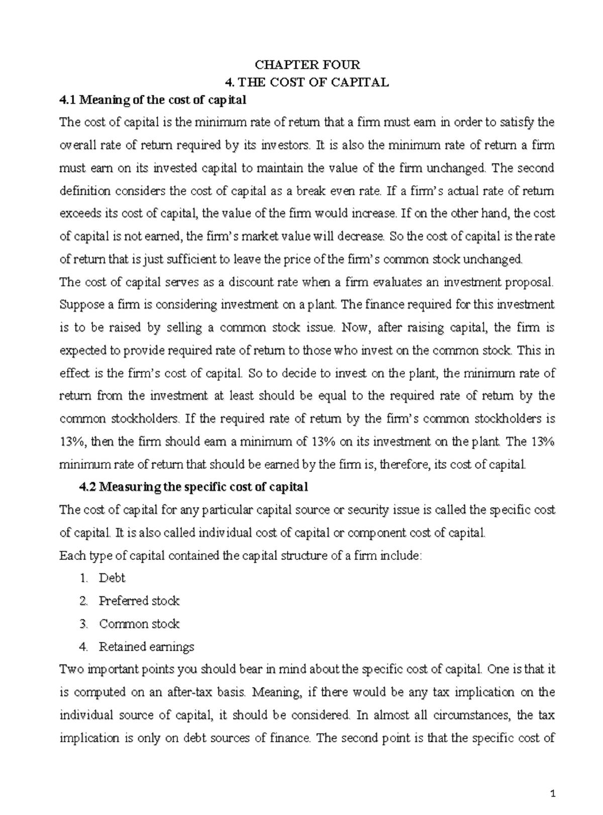 FM-I CHAP 4, 5 & 6 - for exit exam - CHAPTER FOUR 4. THE COST OF ...