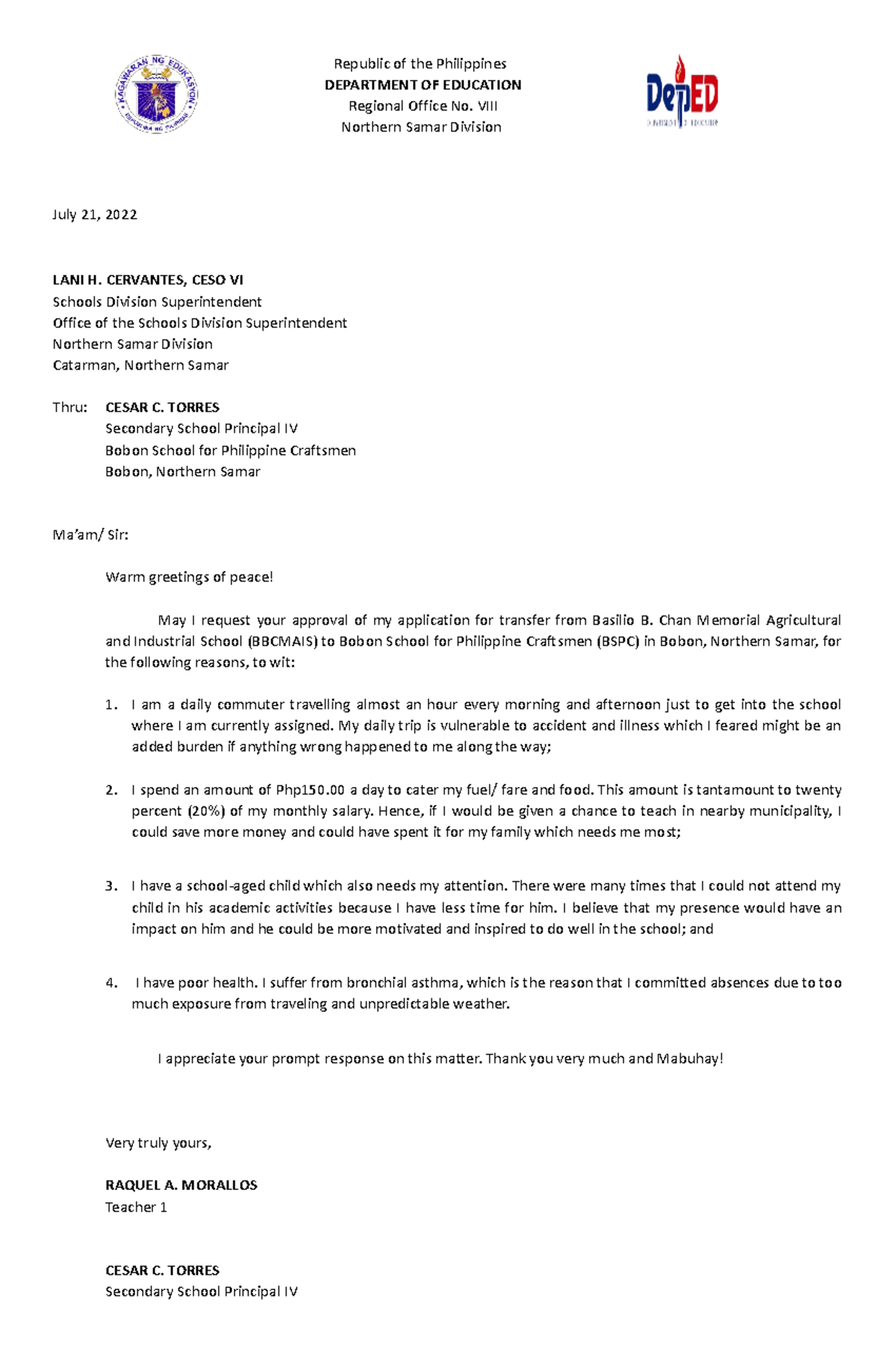 Letter of Intent for Transfer to BSPC - R. Moralios - Studocu