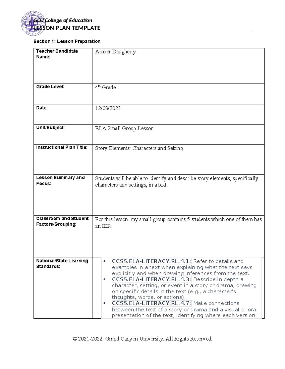 ELA 4th Grade Lesson Plan: Story Elements in Characters & Setting - Studocu