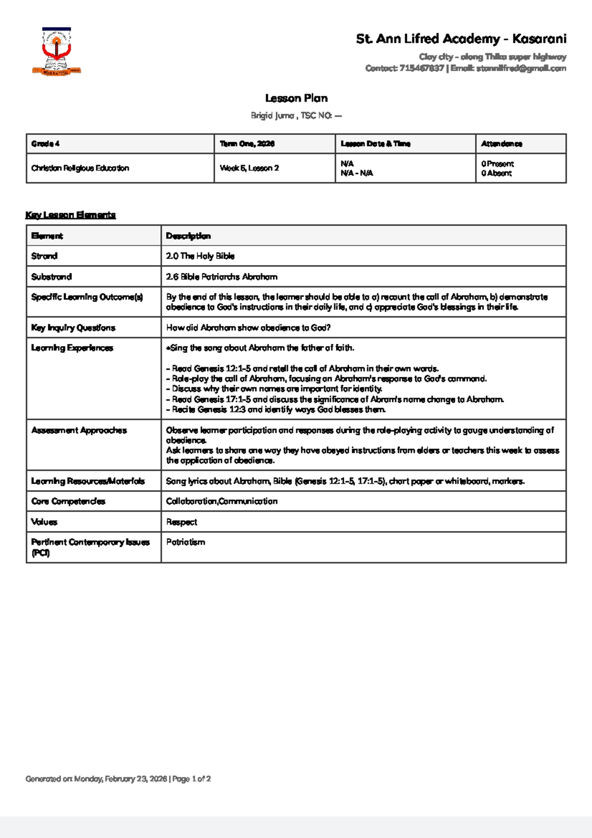 Lesson Plan: Christian Religious Education (CRE) Term 1, 2026 - Studocu