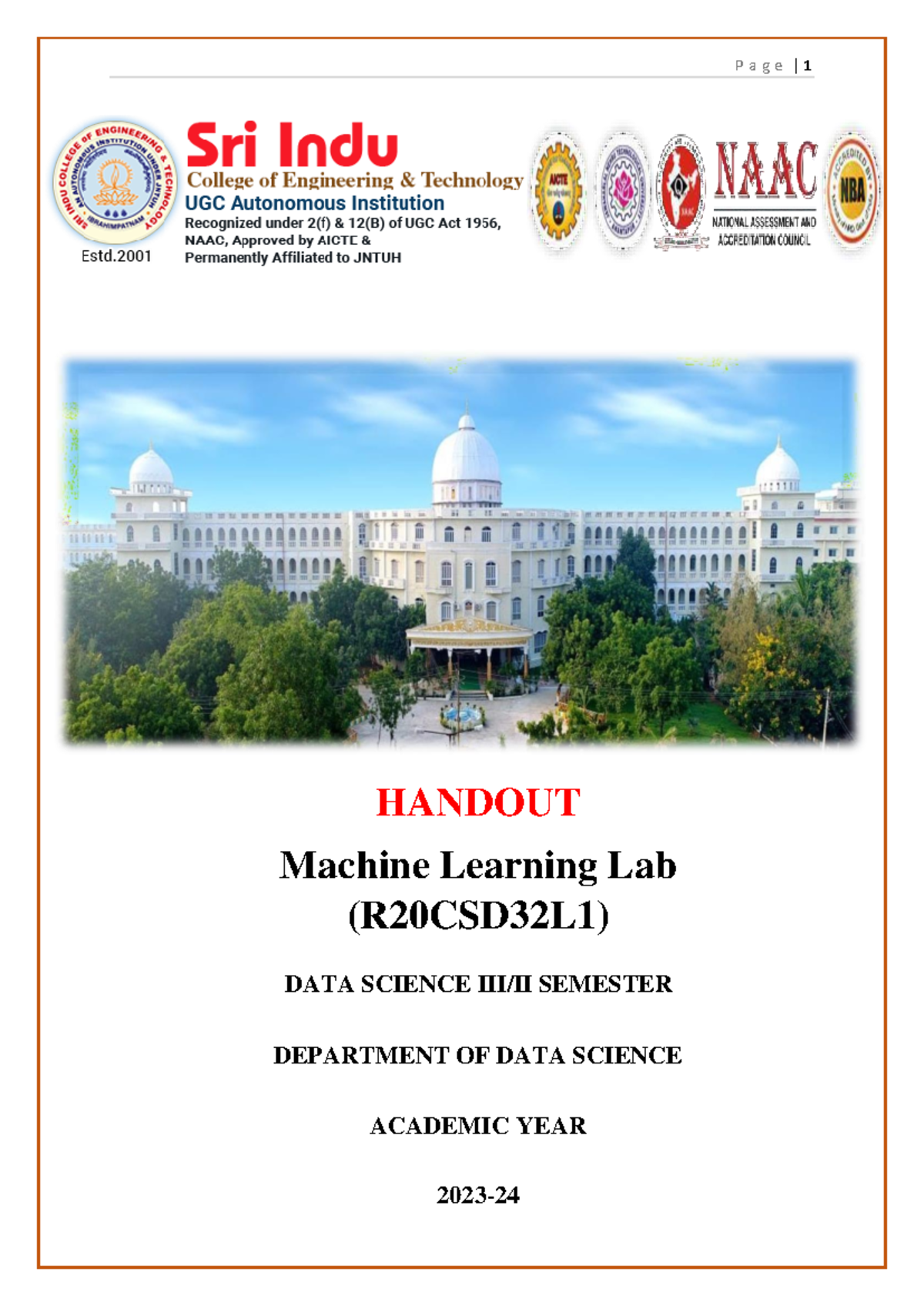 R20CSD32L1-Machine Learning Lab Manual for Data Science 2023-24 - Studocu