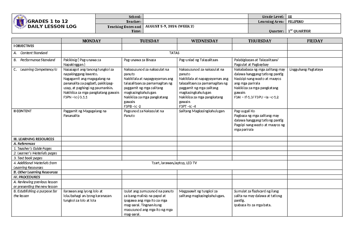 DLL Filipino 3 Q1 W2 - dll - GRADES 1 to 12 DAILY LESSON LOG School ...