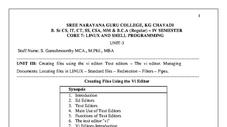 UNIT 3 Linux final - SREE NARAYANA GURU COLLEGE, KG CHAVADI B. Sc CS ...