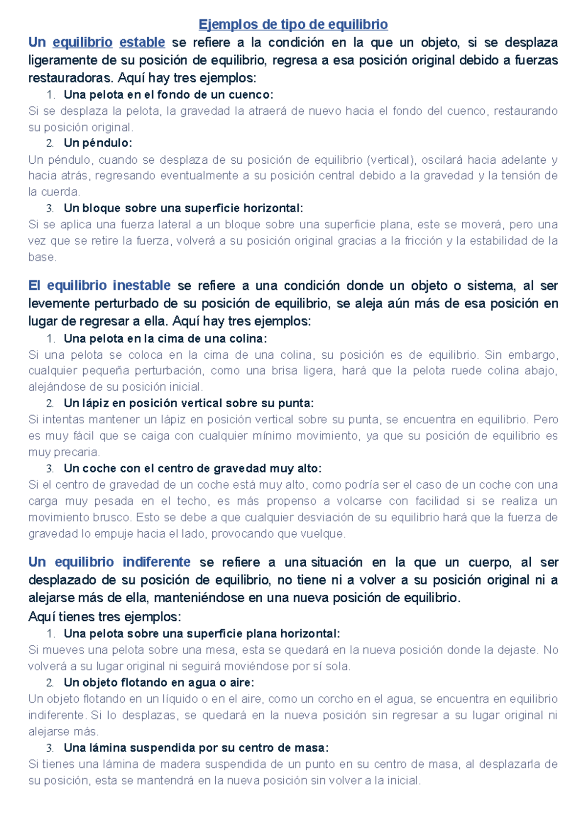 Ejemplos de Equilibrio: Estable, Inestable e Indiferente - Studocu