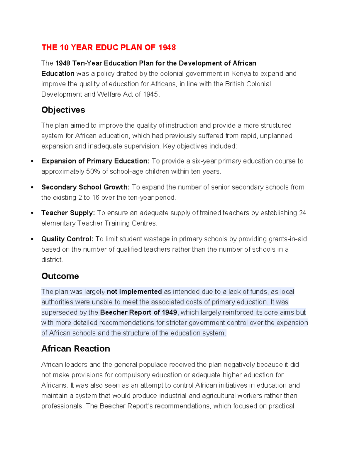 The 10-Year Education Plan of 1948: A Historical Overview - Studocu