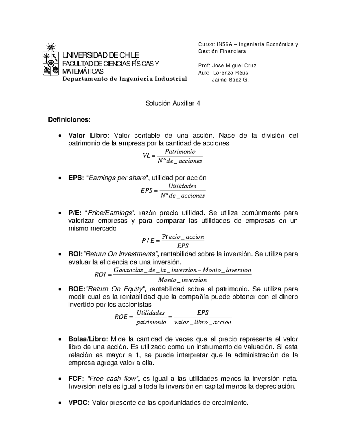 Pauta Auxiliar 4: Renta Variable - IN56A Ingeniería Económica - Studocu