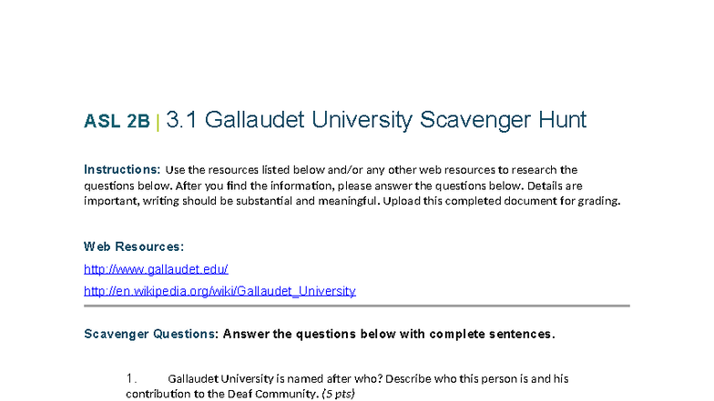 ASL 2B 3.1 Gallaudet University Scavenger Hunt Assignment - Studocu