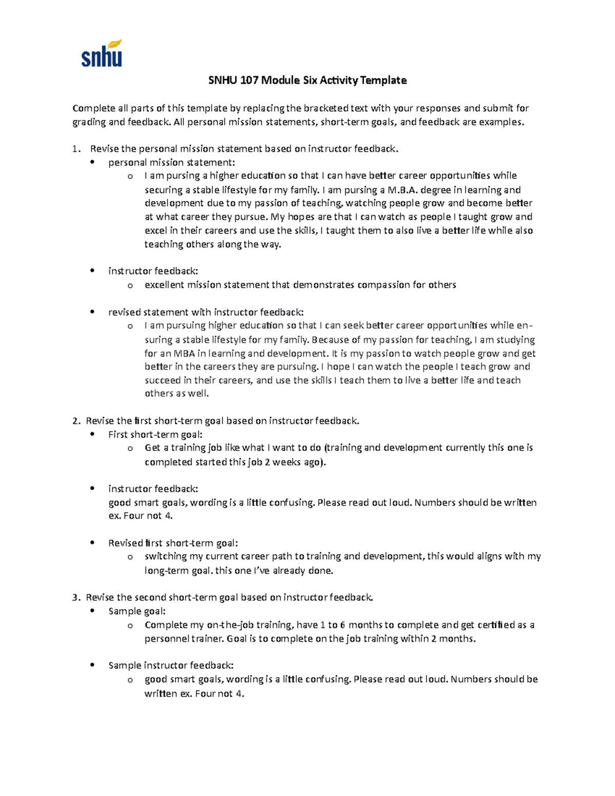 Revised missionstatement &short-term goals AND WHY ITS IMPORTANT - SNHU ...