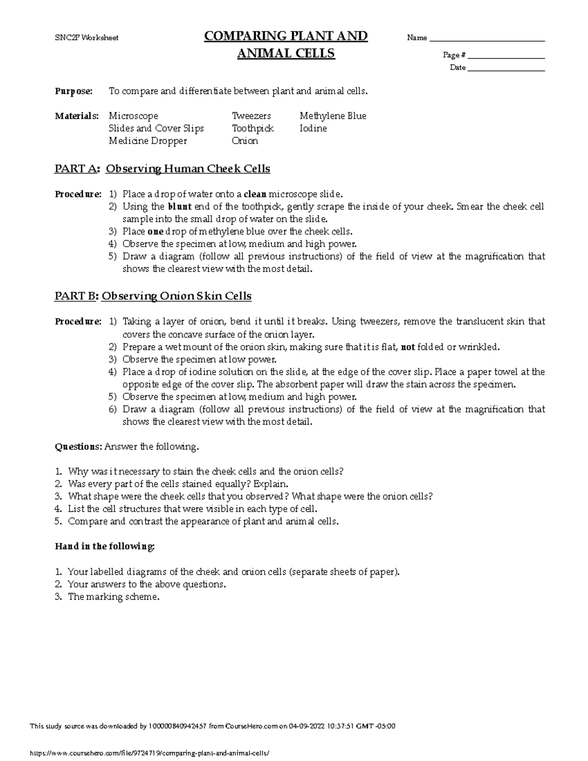 Comparing plant and animal cells - SNC2P Worksheet COMPARING PLANT AND ...