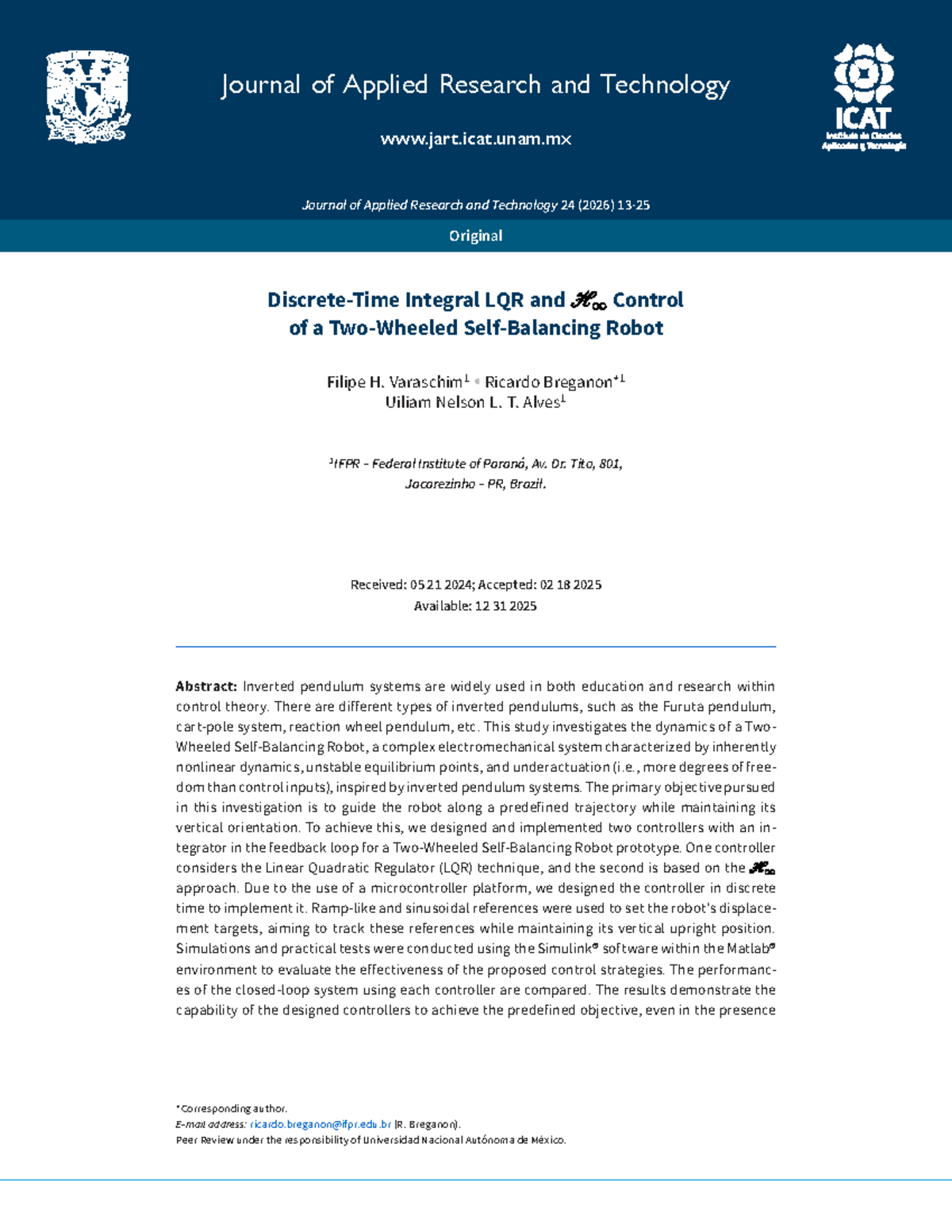 Integral LQR Control of a Two-Wheeled Robot: A Study (ENG 2801) - Studocu