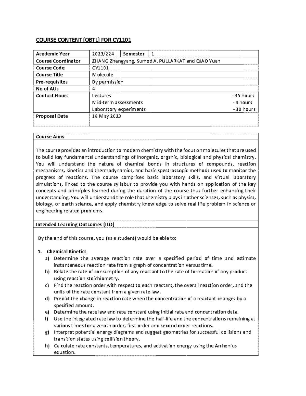 CY1101 Molecule Course Content Overview for AY23S1 - Studocu