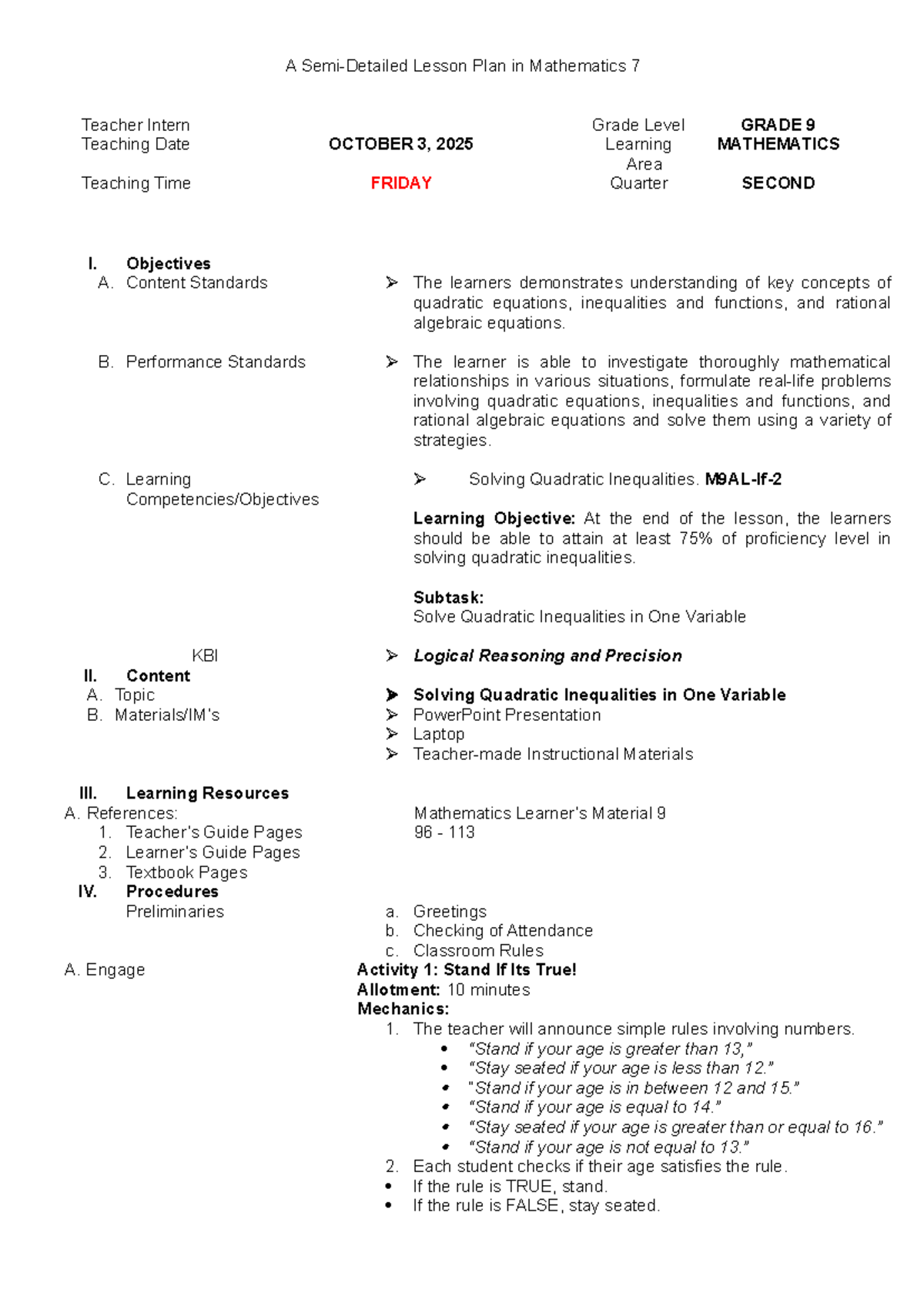 Lesson Plan: Solving Quadratic Inequalities in G9 Math - Studocu