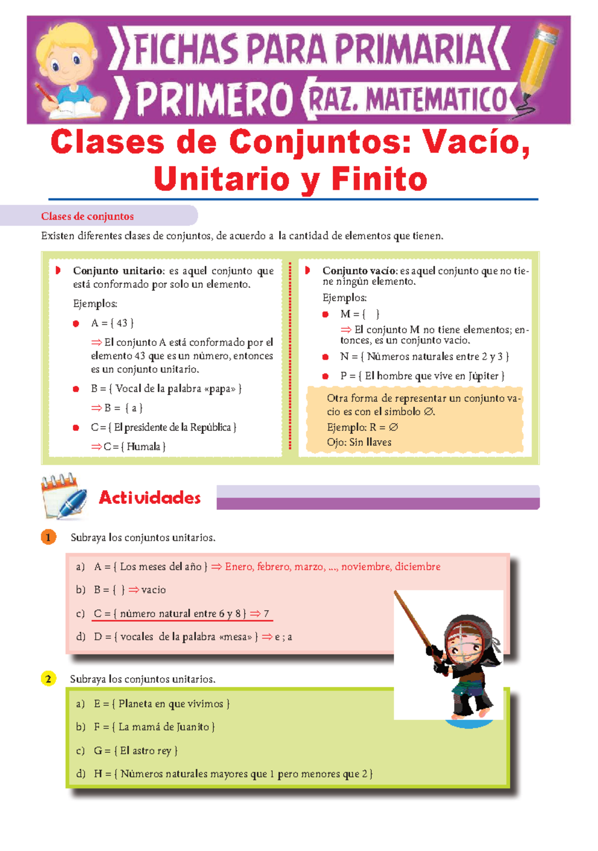 Clases de Conjuntos para Primero de Primaria: Vacíos y Unitarios - Studocu