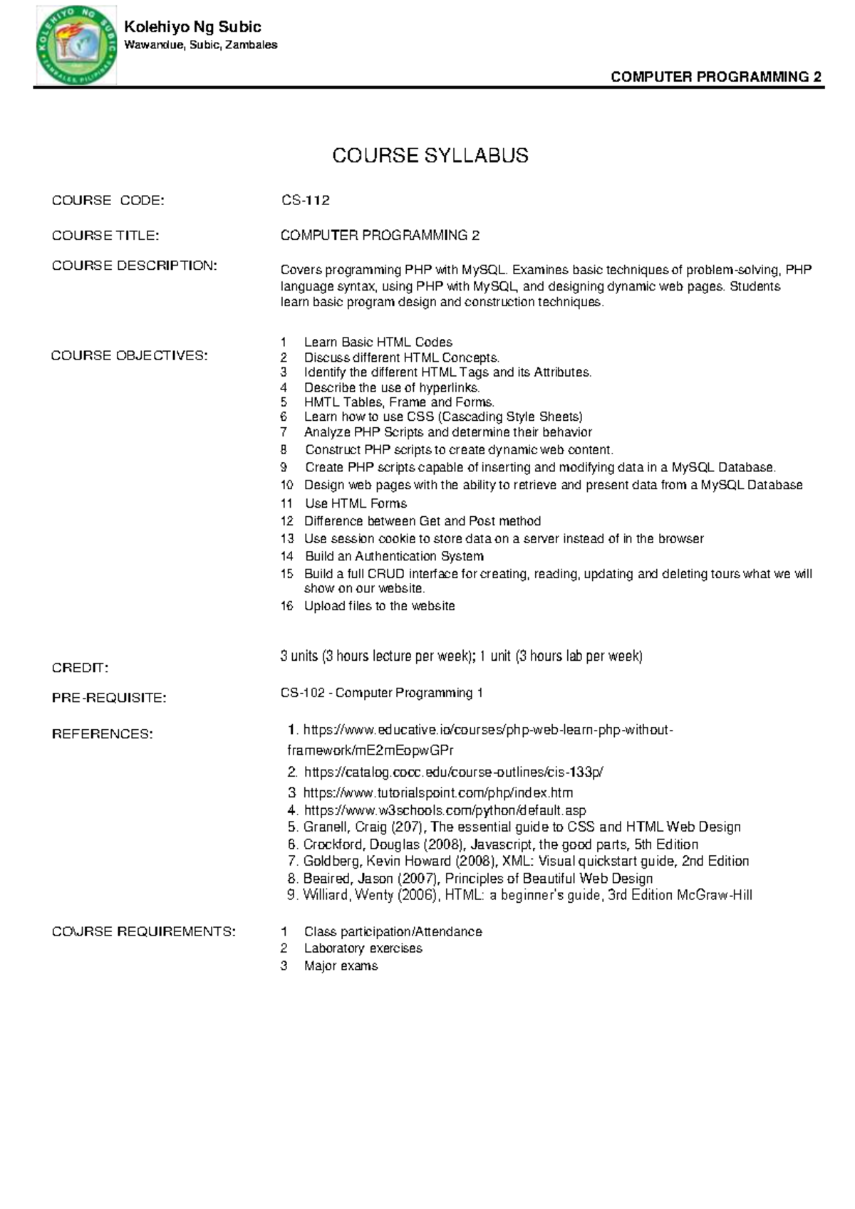 Computer Programming - Wawandue, Subic, Zambales COMPUTER PROGRAMMING 2 ...