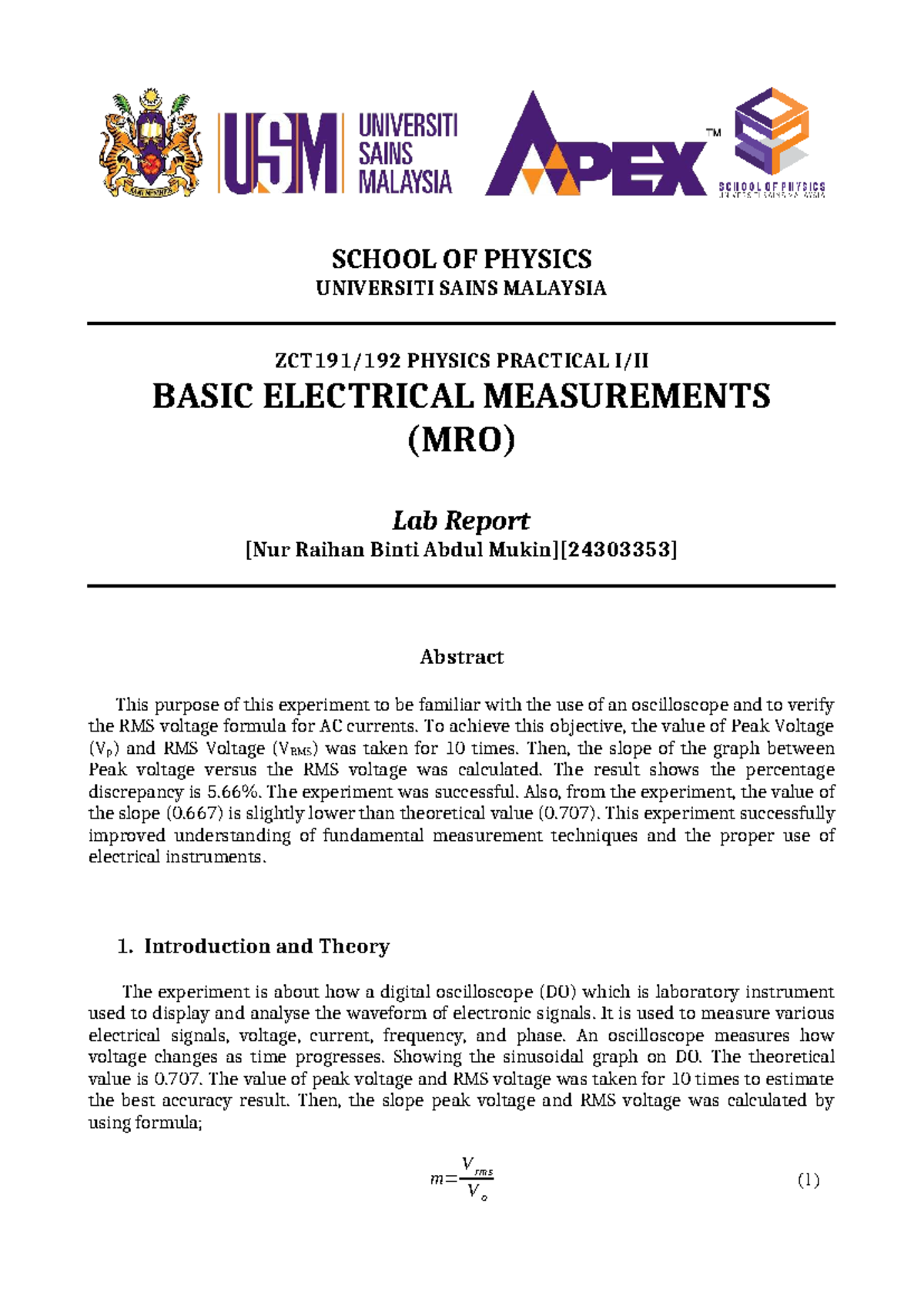 PHYSICS PRACTICAL MRO Lab Report: Basic Electrical Measurements - Studocu