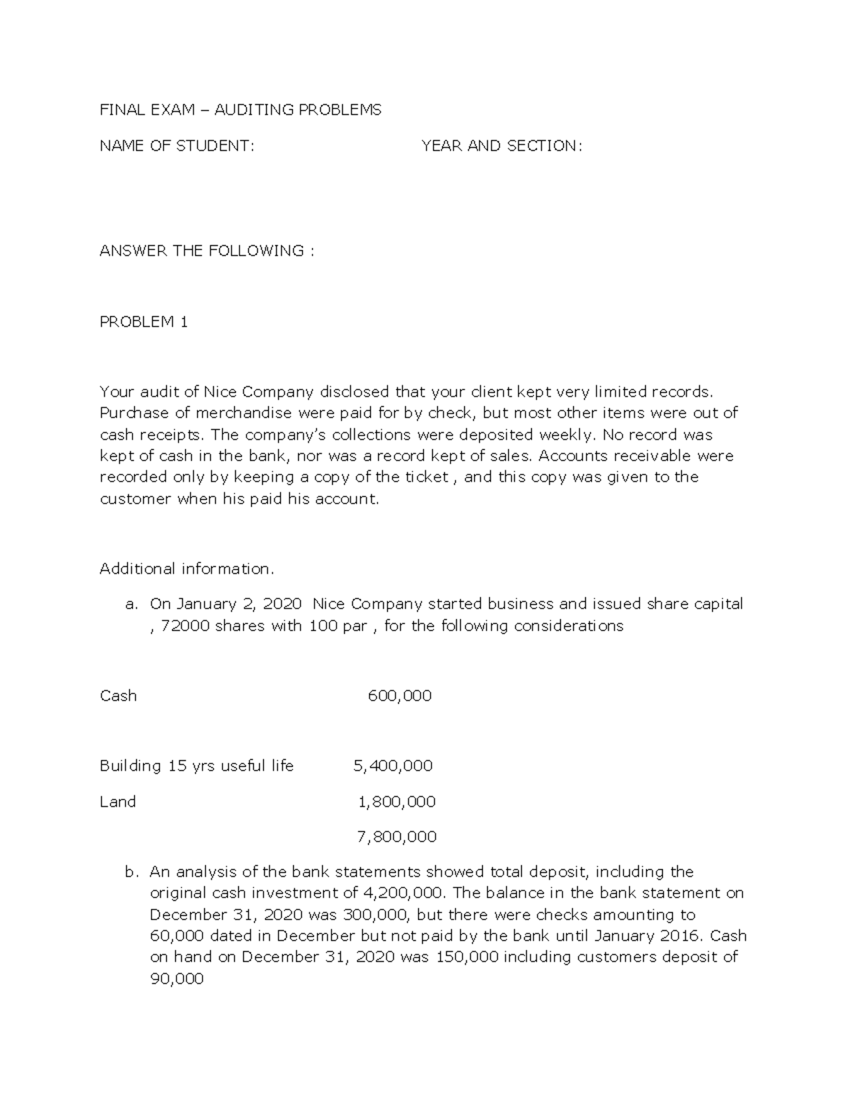 Auditing problem examination - FINAL EXAM – AUDITING PROBLEMS NAME OF ...