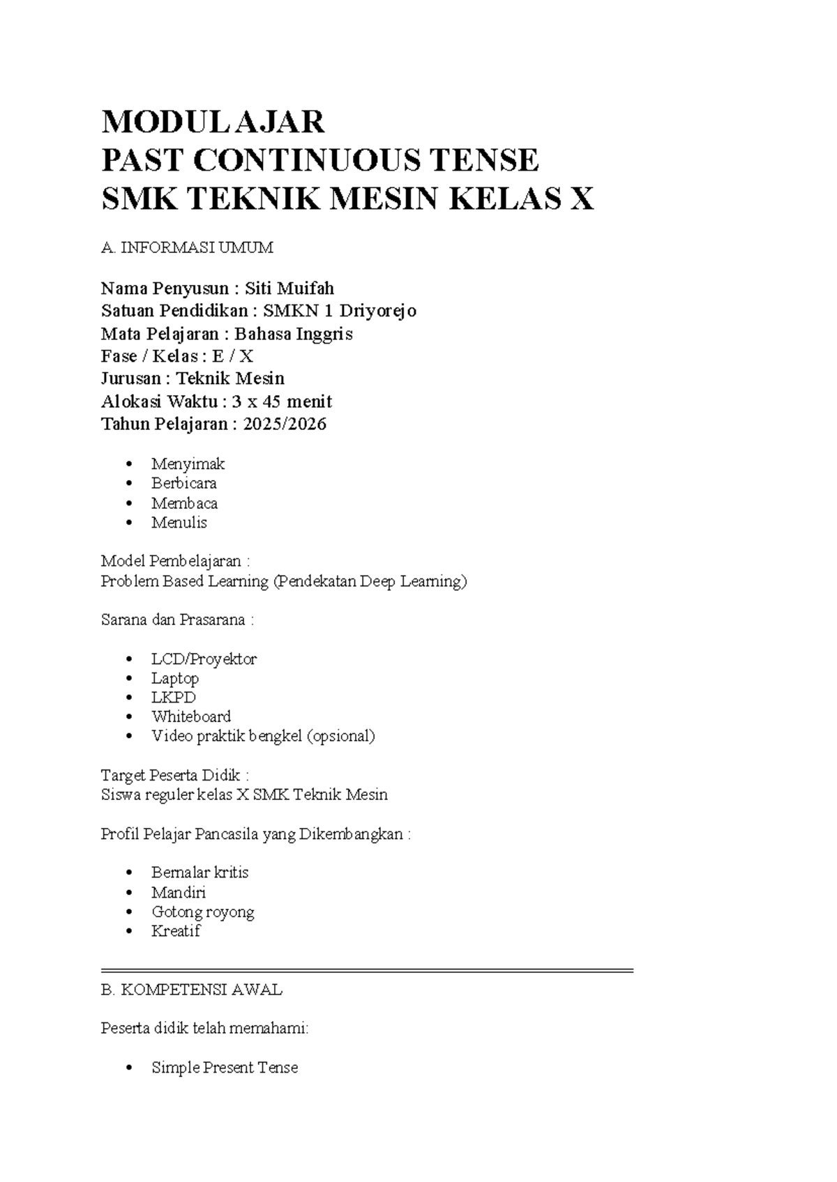 Modul Ajar Past Continuous Tense SMK Teknik Mesin Kelas X - Studocu