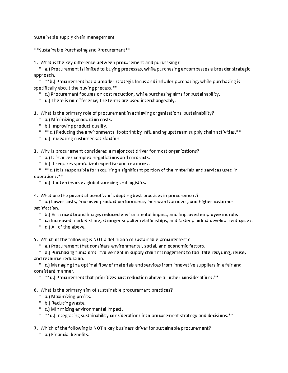 Sscmq - Sustainable Supply Chain Management Q&A for Final Exam - Studocu