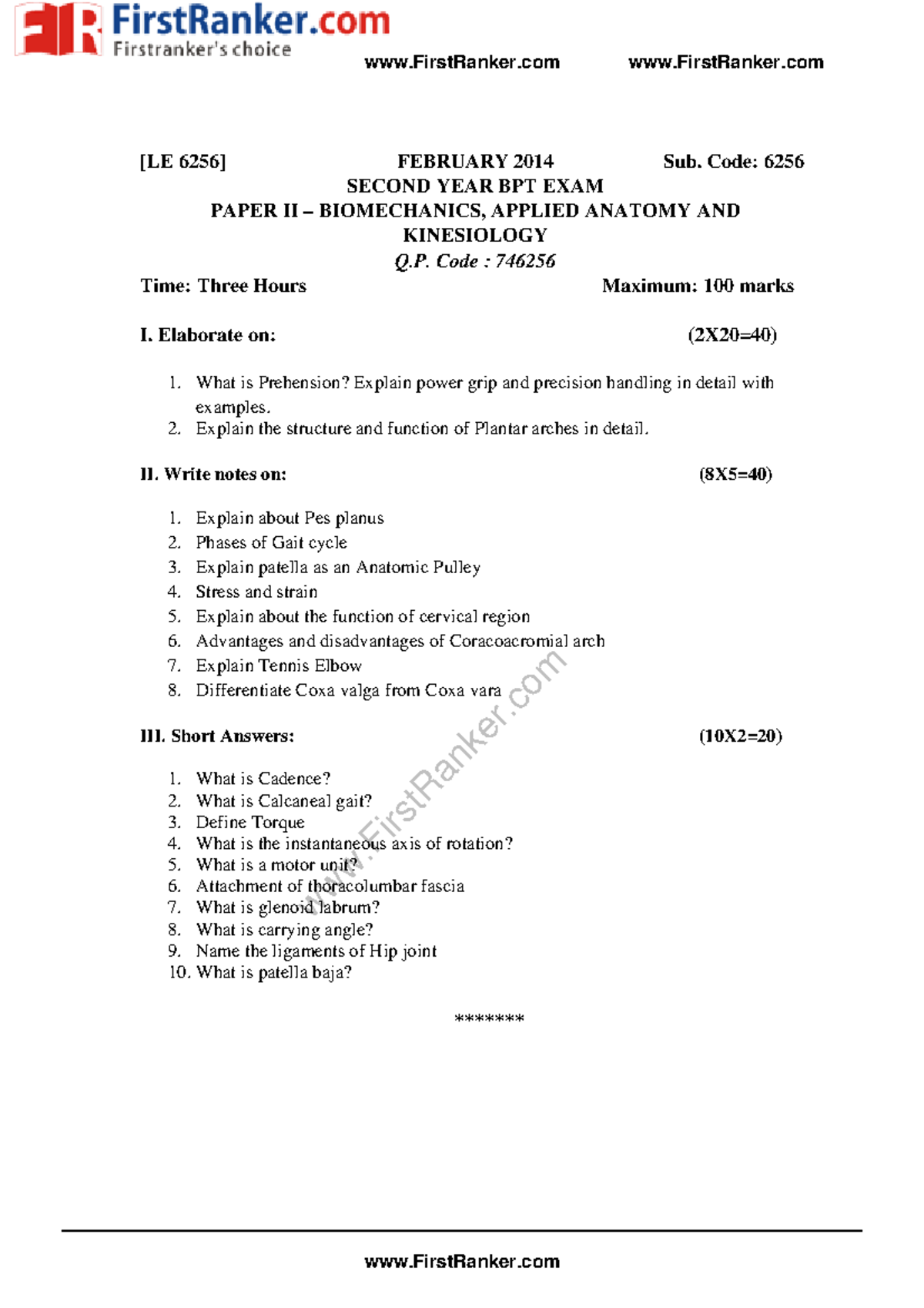 BPT 2014-II Biomechanics, Applied Anatomy & Kinesiology Exam Paper ...