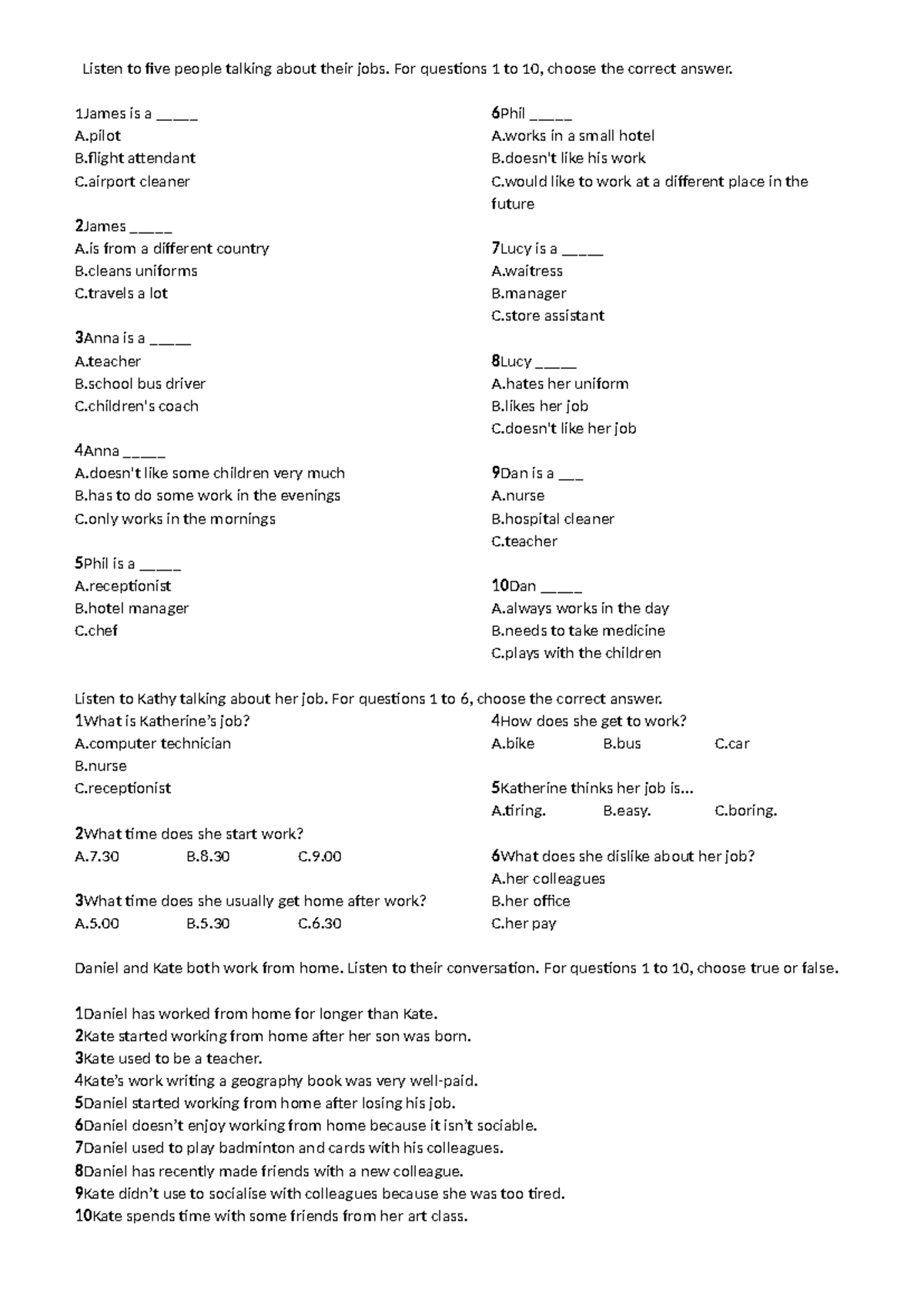 Listening Jobs - Worksheet for Job Conversations and Questions - Studocu