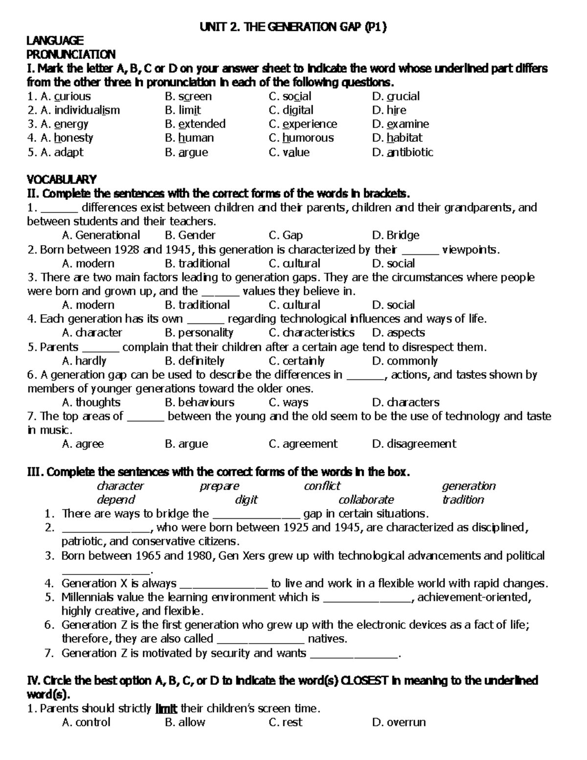 UNIT 2: The Generation Gap - Language and Communication Activities ...