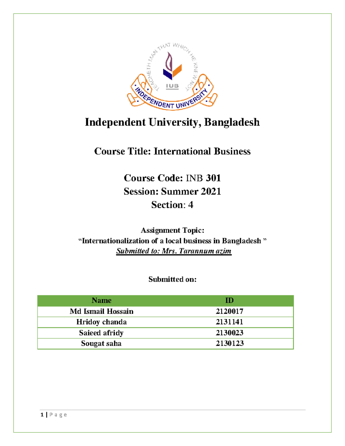 INB301 - gnxfn - Independent University, Bangladesh Course Title ...