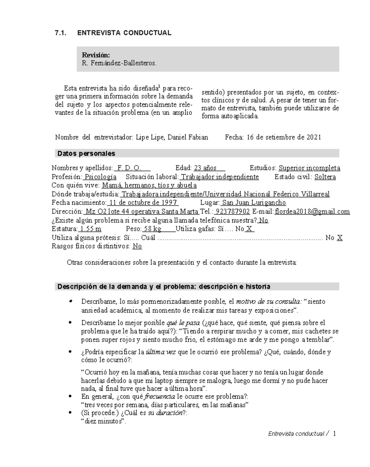 Entrevista Conductual de R. Fernández-Ballesteros: Análisis Psicológico ...