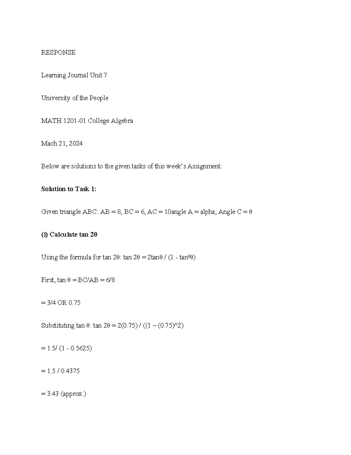 Math 1201-01 Assignment Unit 7 Solutions: Trigonometric Functions - Studocu