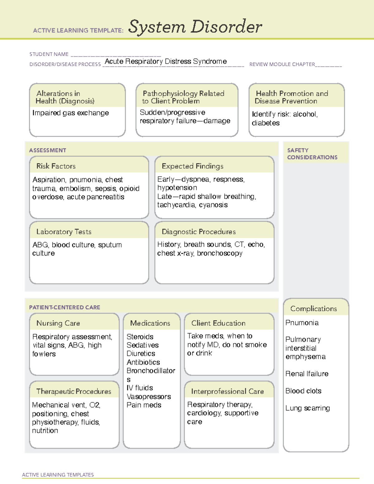 ACTIVE LEARNING TEMPLATE: ARDS System Disorder Overview - Studocu