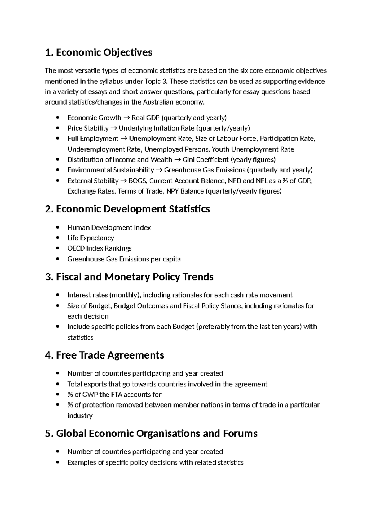 Economic Objectives and Statistics Sheet for Economics 101 - Studocu