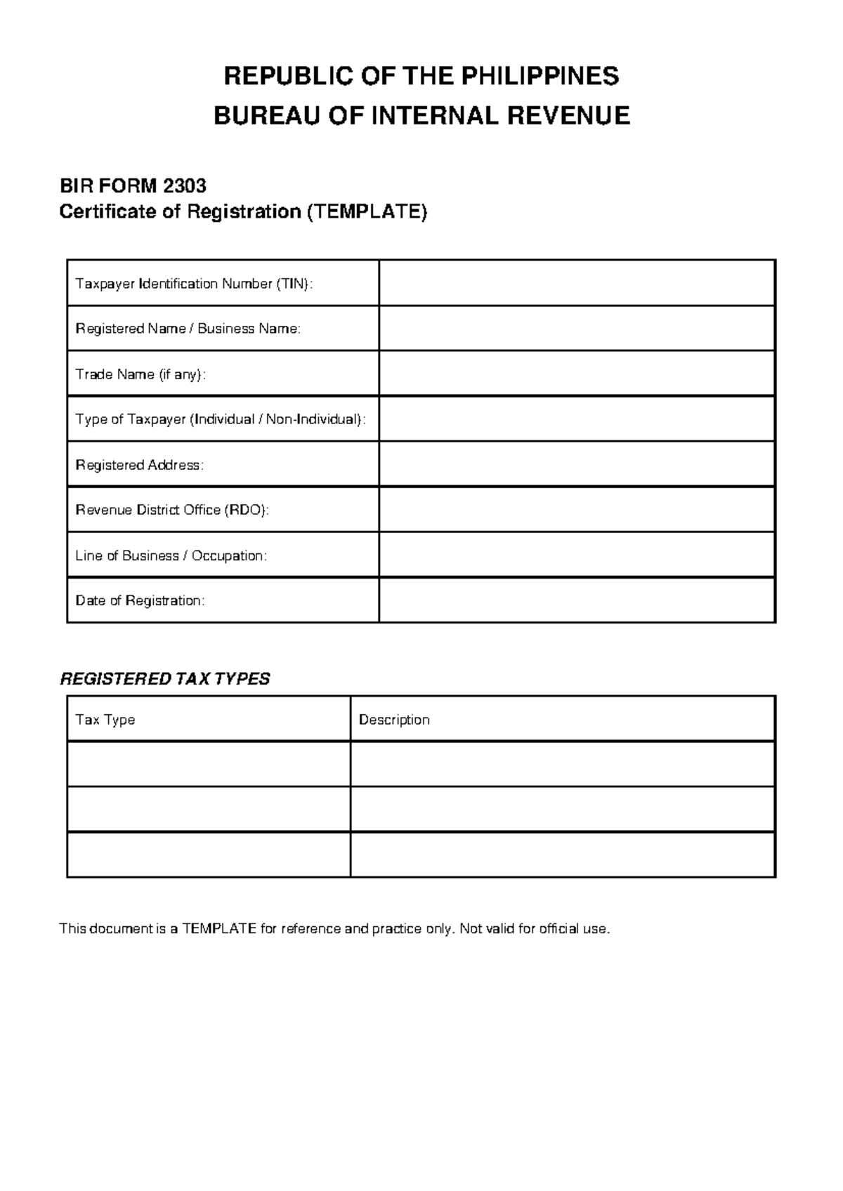 BIR Form 2303 Template - none - REPUBLIC OF THE PHILIPPINES BUREAU OF ...