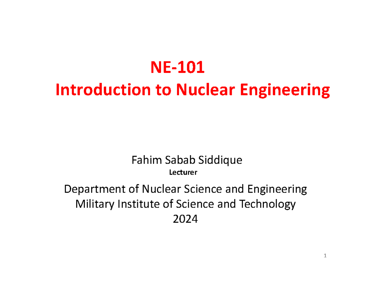 NE-101 Lecture 2: Introduction to Nuclear Engineering Concepts - Studocu