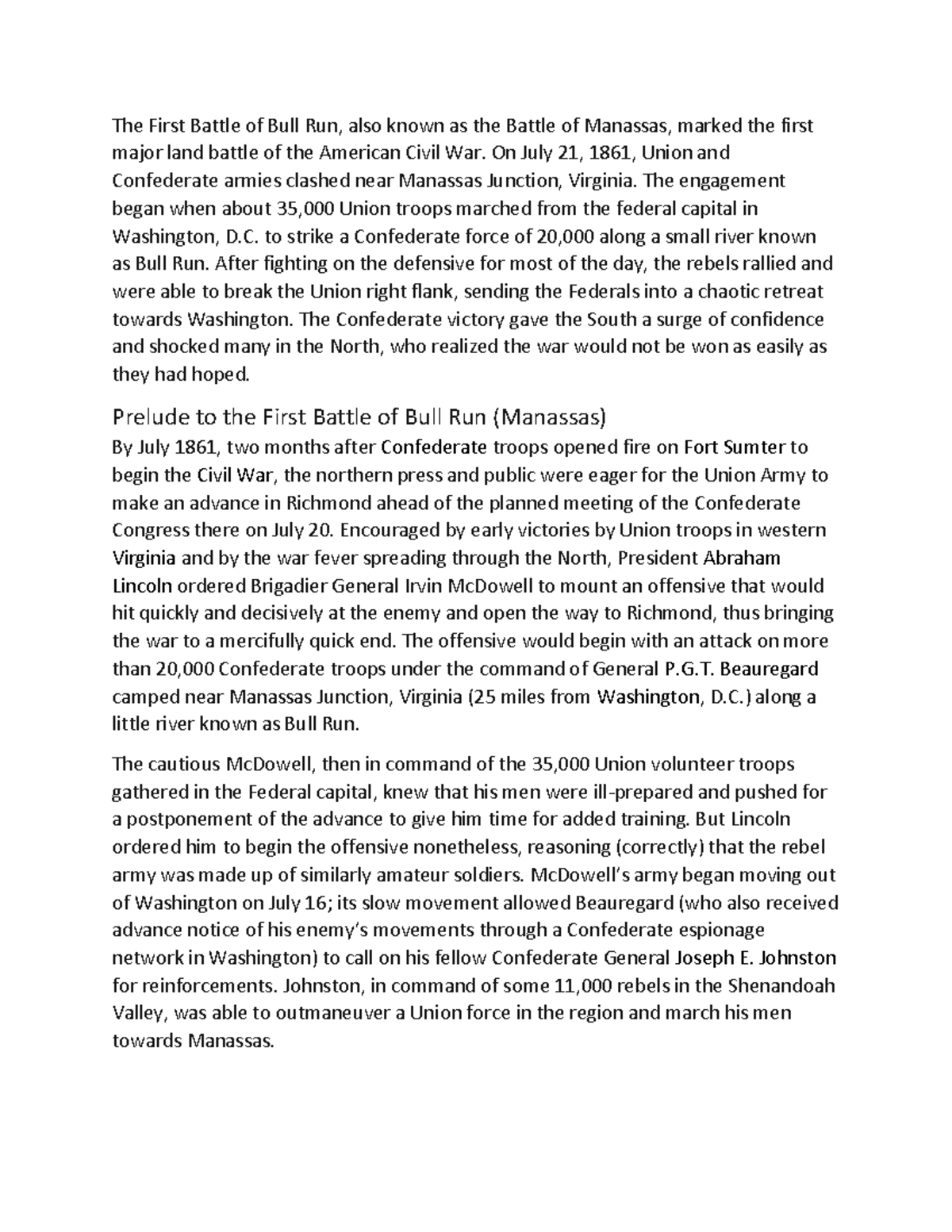 First battle of bull run notes - The First Battle of Bull Run, also ...