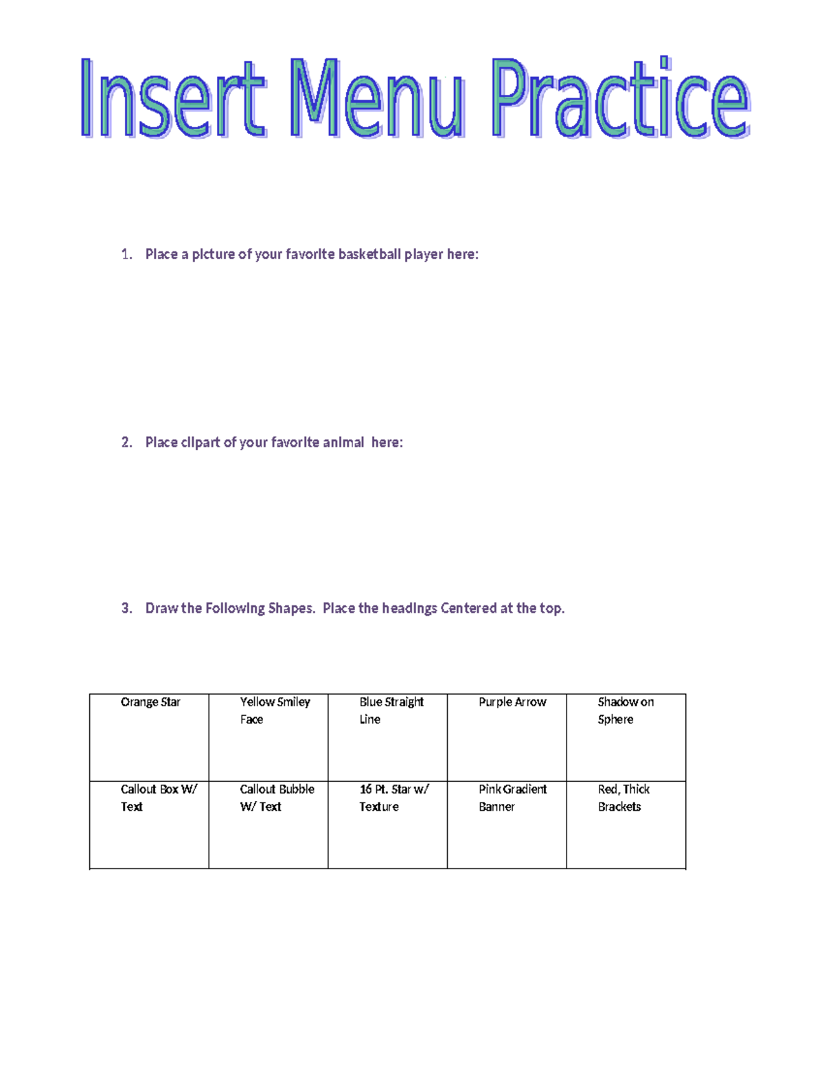 Word Insert Toolbar Practice: Shapes, Clipart, and SmartArt - Studocu